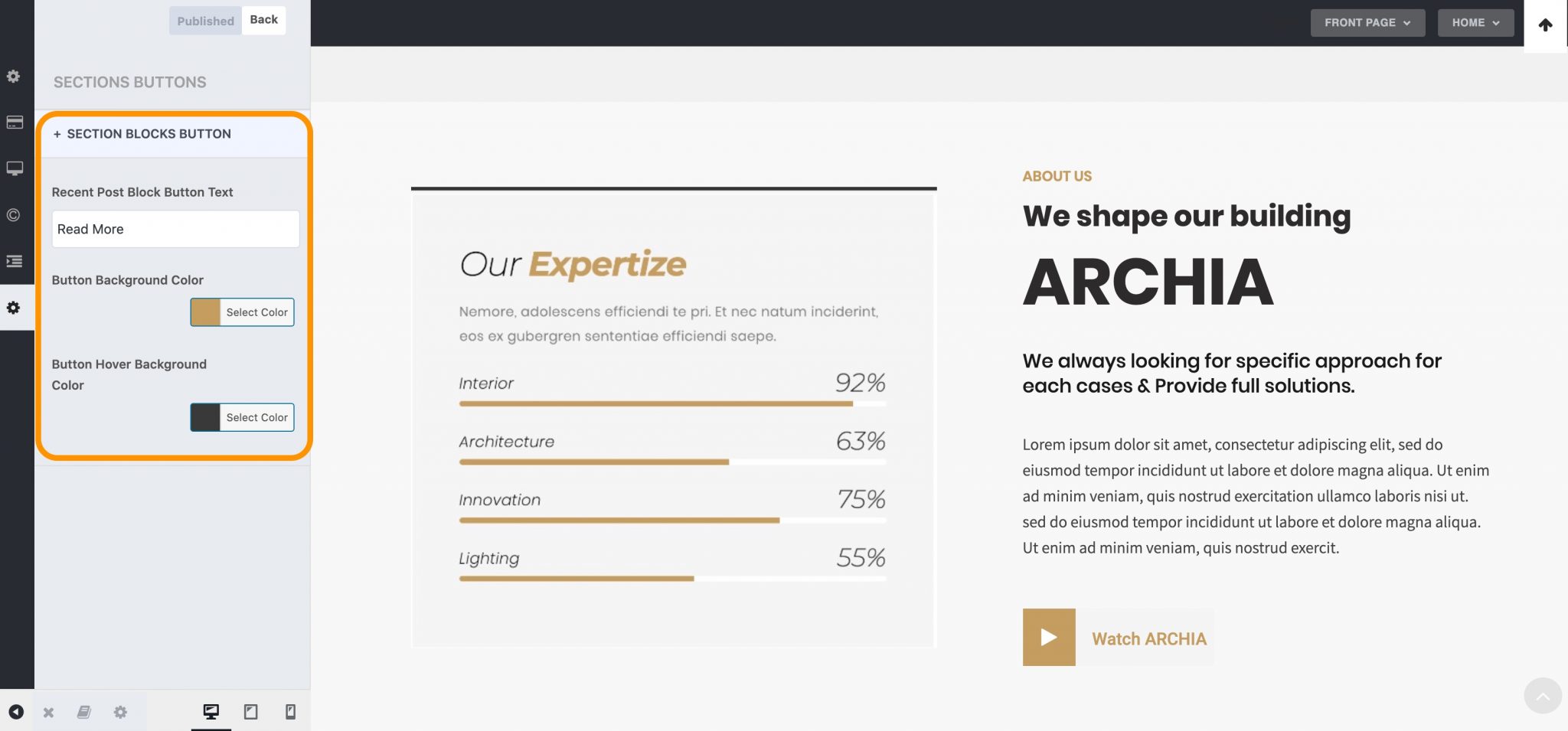 Customize Section Buttons - Nordic WP theme